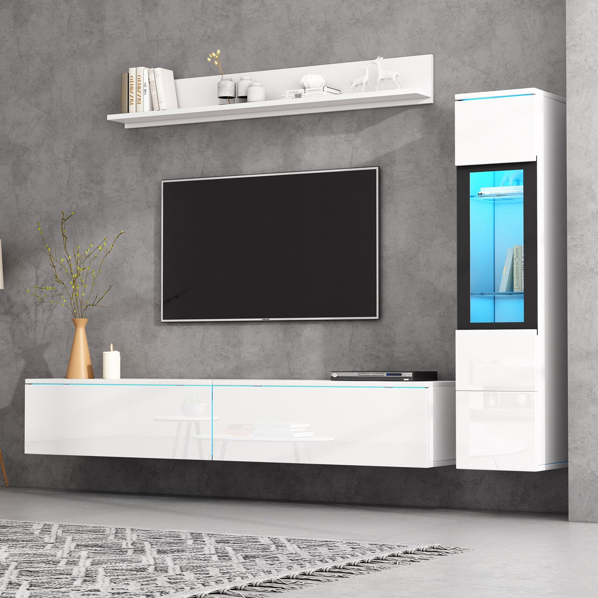 Set of 3 TV Wall Unit, LED TV Stand & Display Cabinet, High Gloss Whit ...
