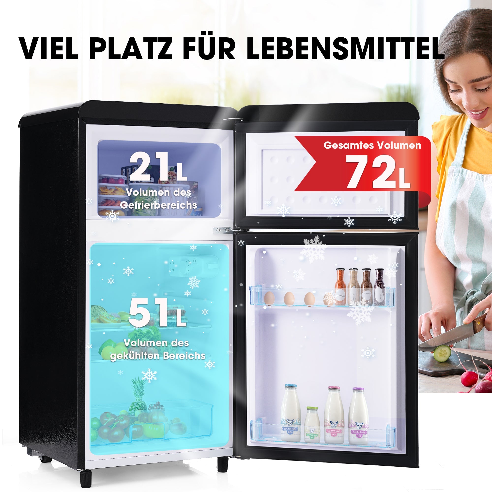 Retro Refrigerator, Double-Door 72L Capacity, LED Lighting, Various Co ...