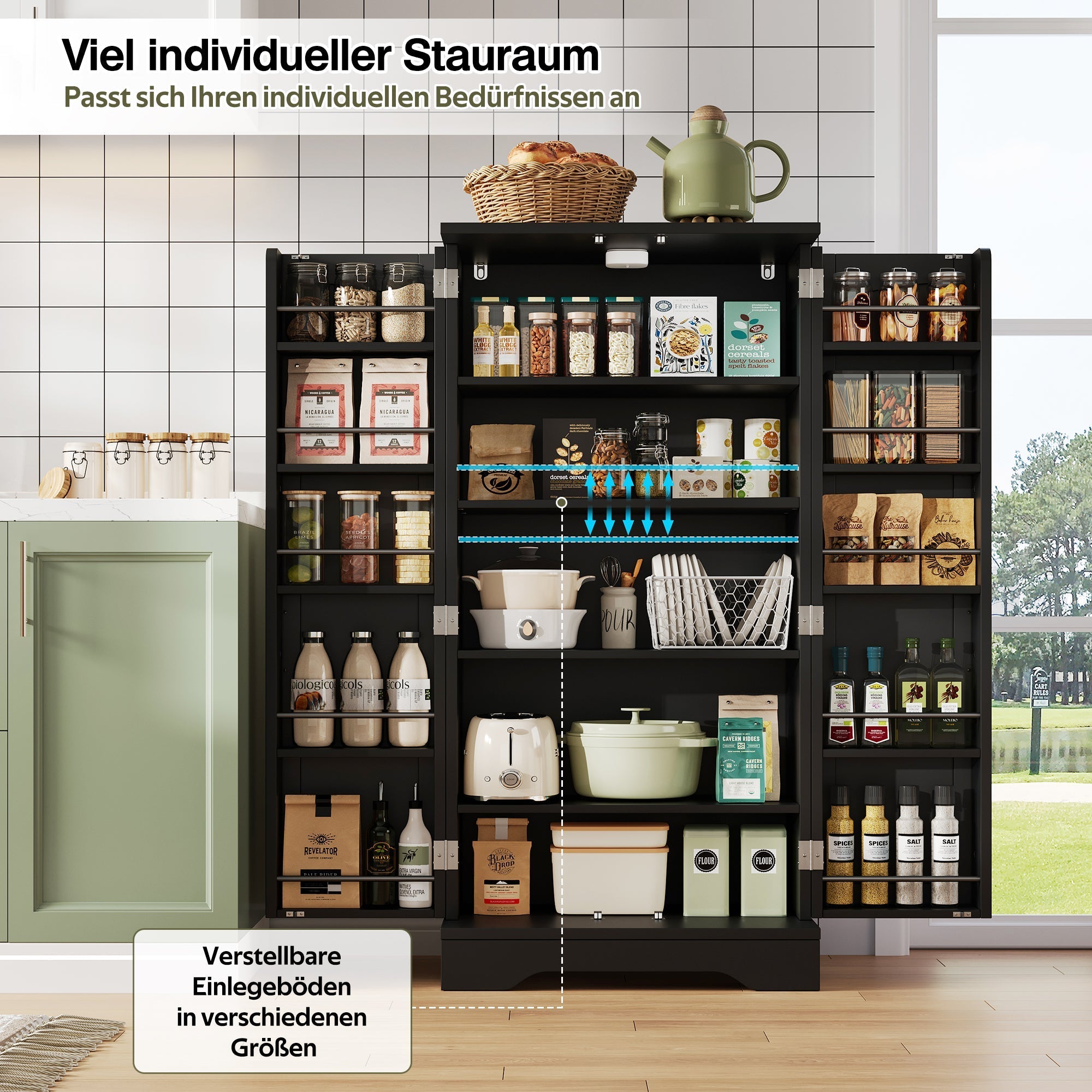 Storage Cabinet 2-Door LED Sensor Light Adjustable Shelves - Black ...