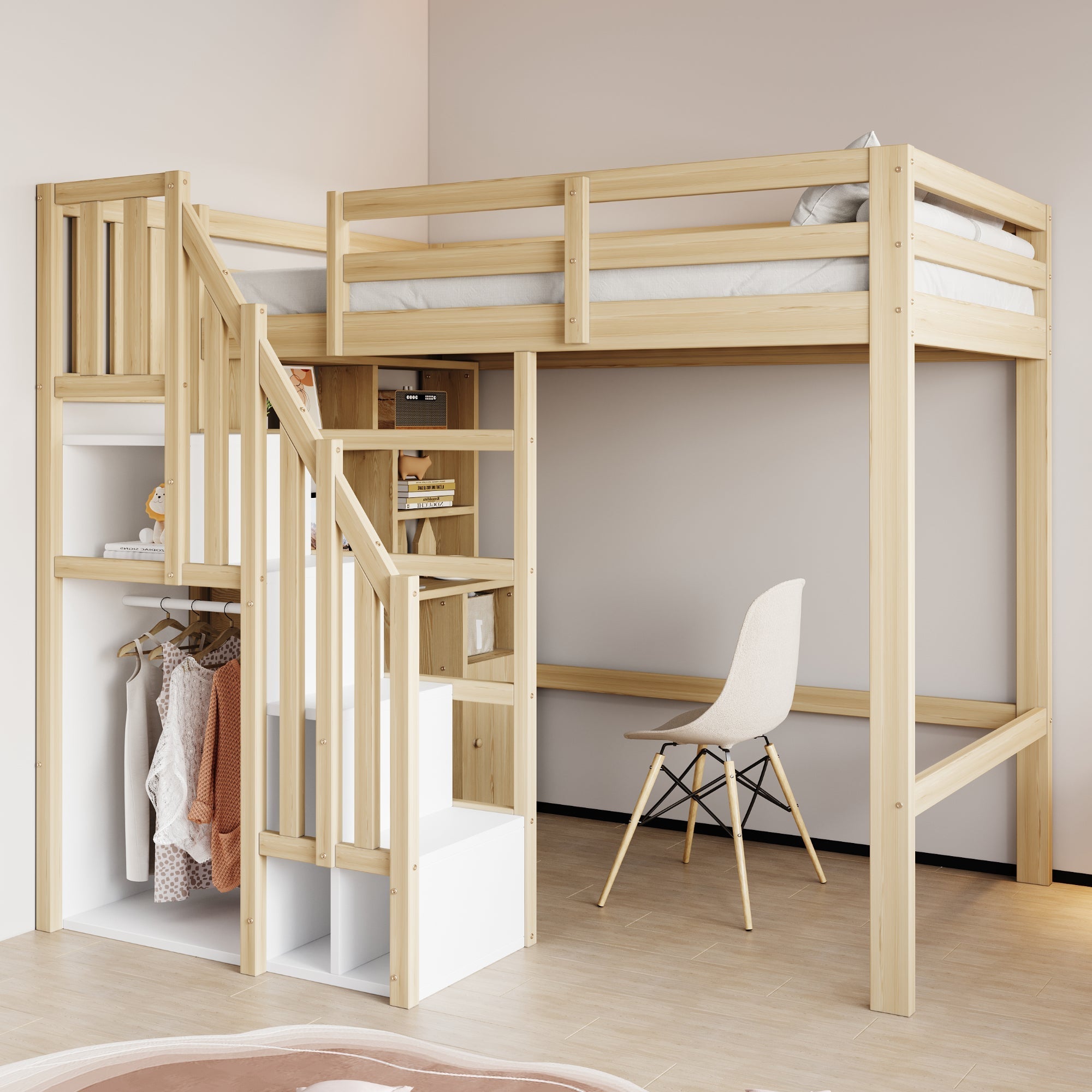 Loft Bed 90x200cm Work Table Storage Ladder - Solid Wood Frame ...