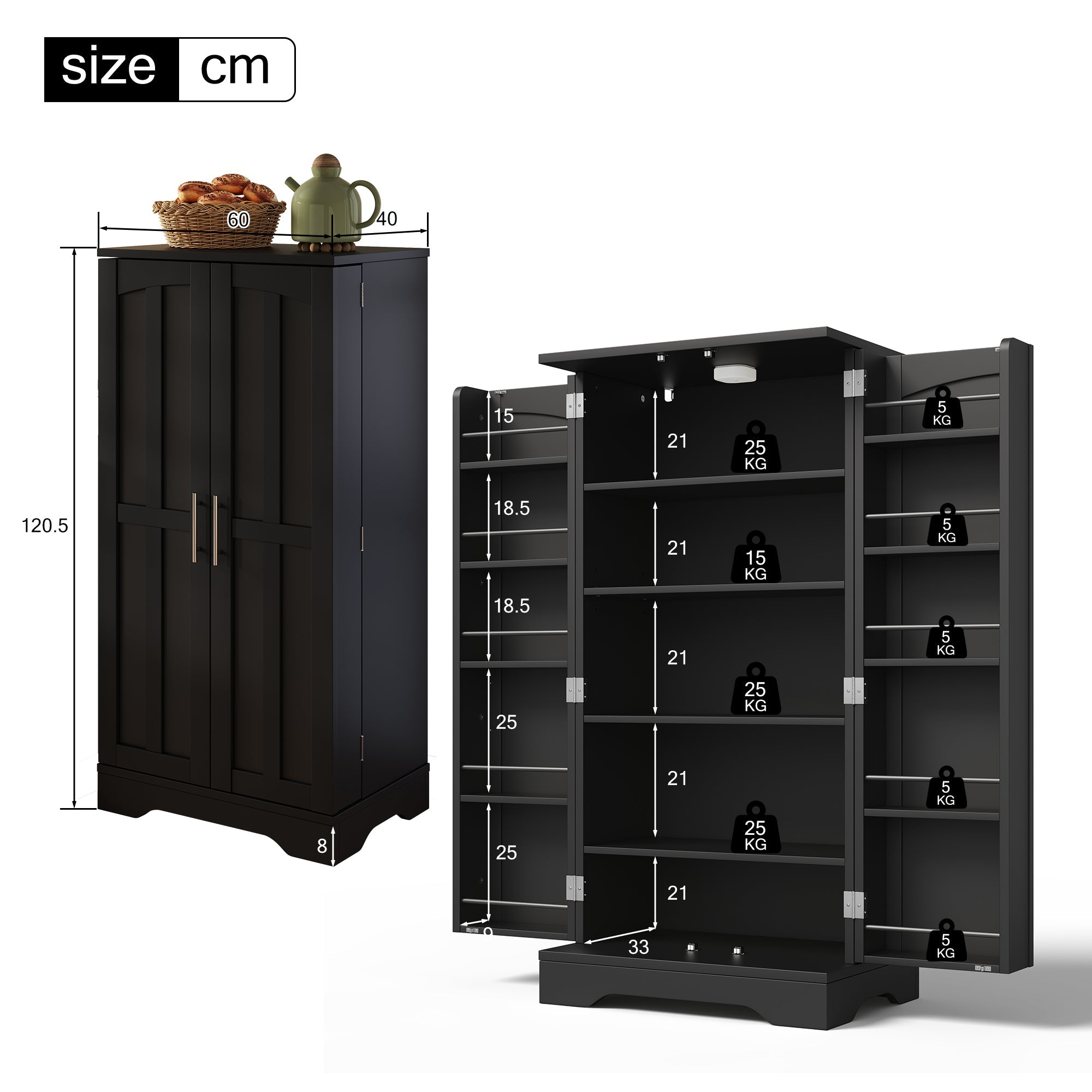Storage Cabinet 2-Door LED Sensor Light Adjustable Shelves - Black ...