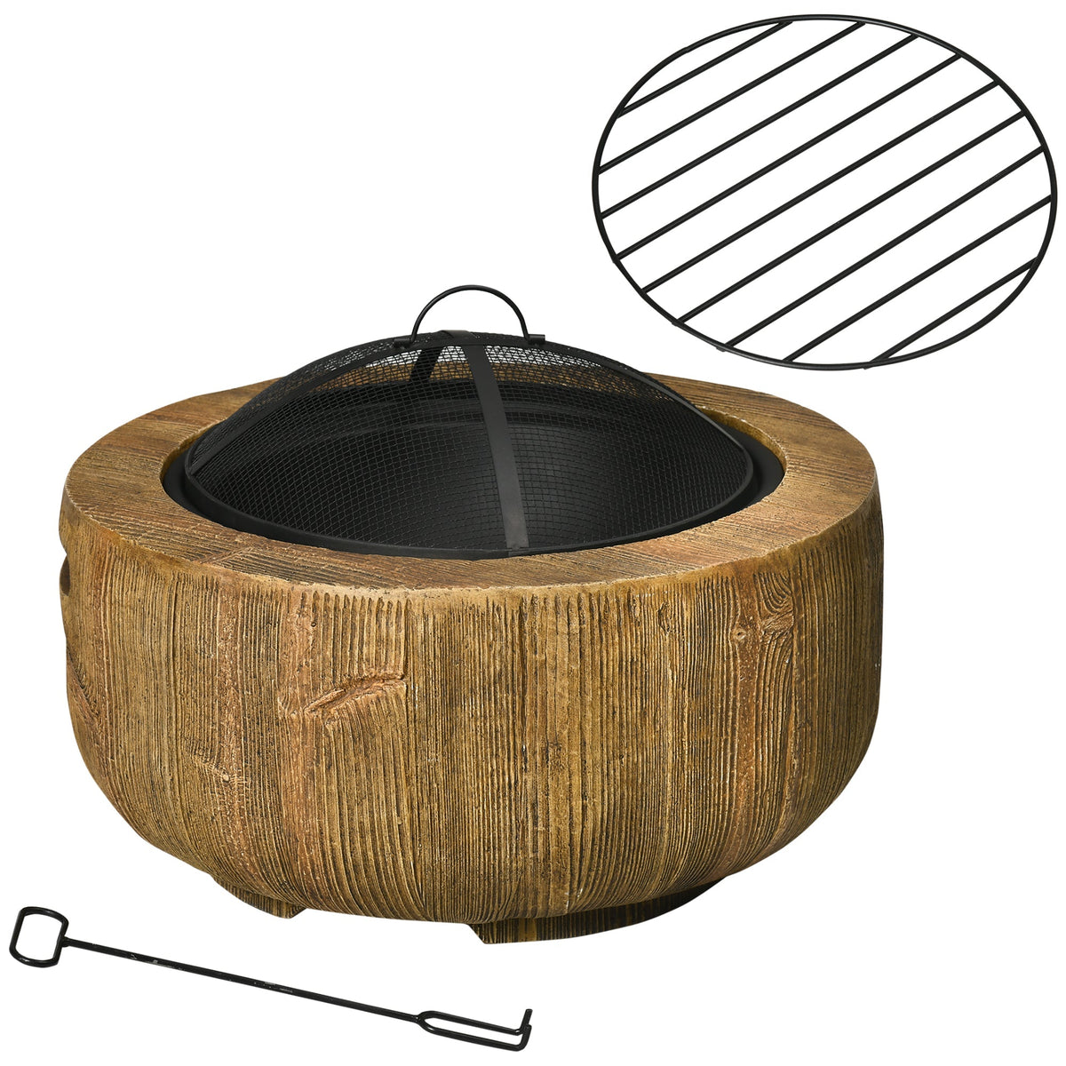 Fire Bowl Fire Pit, Lid & Poker, Tree Stump Design, Steel MgO Brown ...