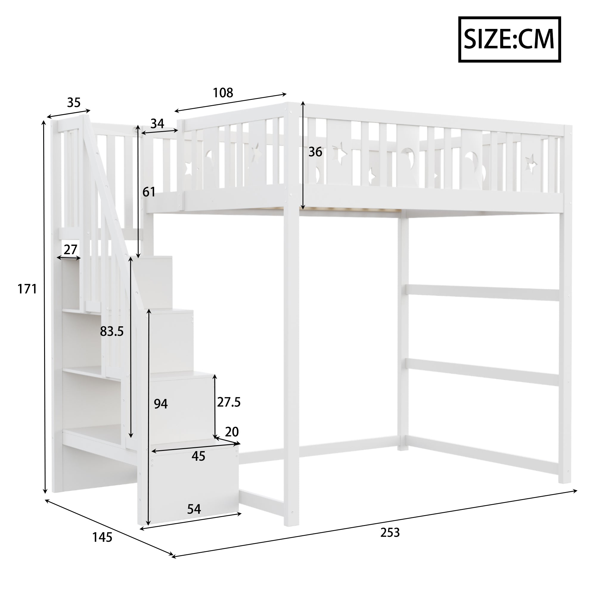 Children's Bunk Bed with Stairs, Safety Railing, Star/Moon Decoration ...