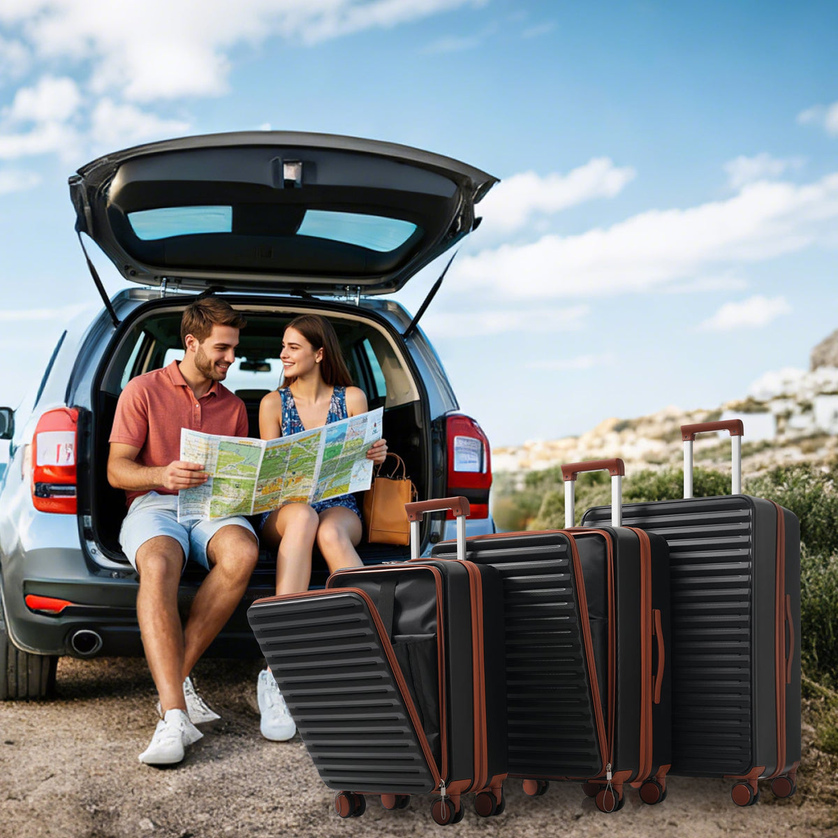 Three-piece Luggage Set – Front-Opening, Foldable Cup Holders, TSA Loc ...