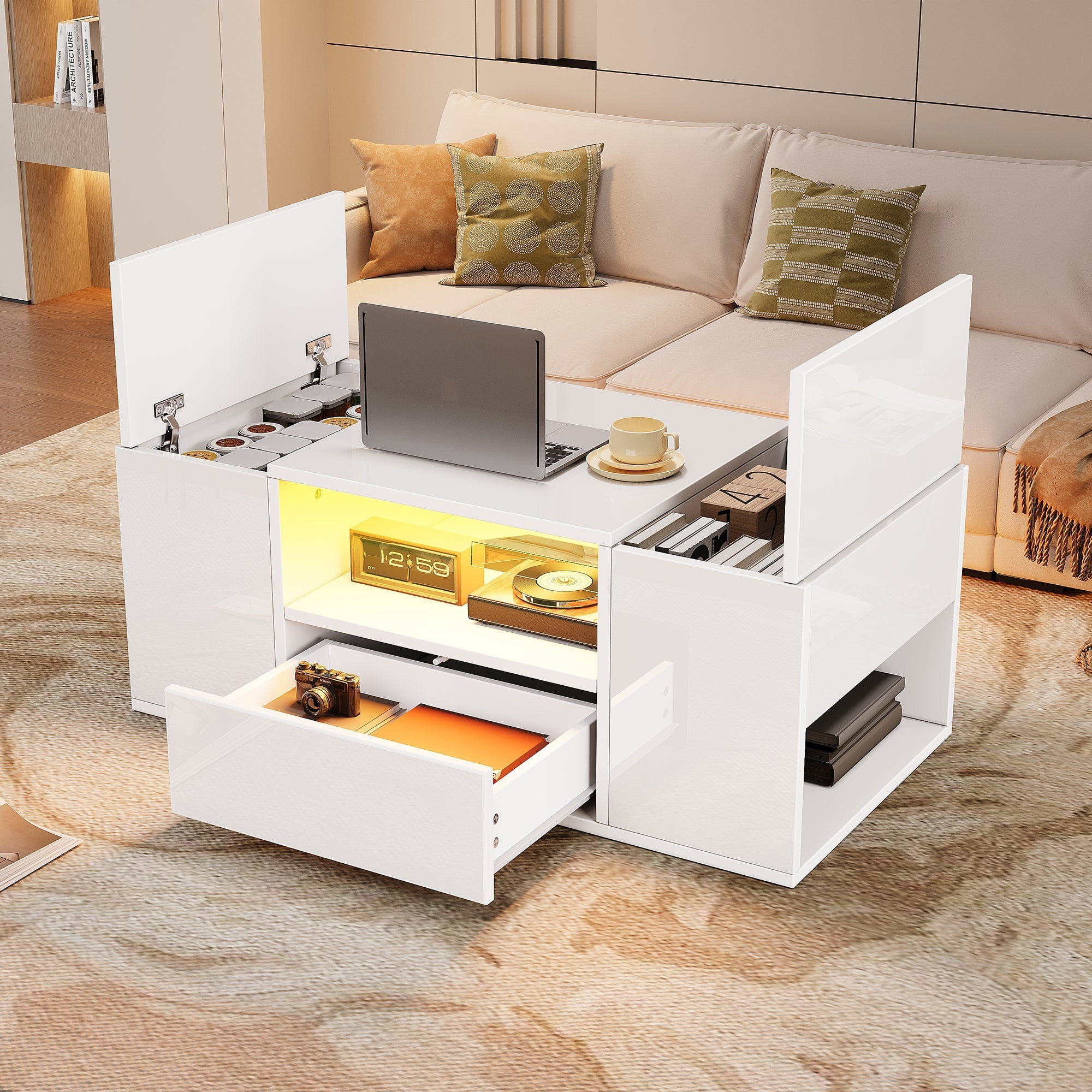 Coffee Table 100x50x40cm High-Gloss LED Light 6 Storage Compartments ...
