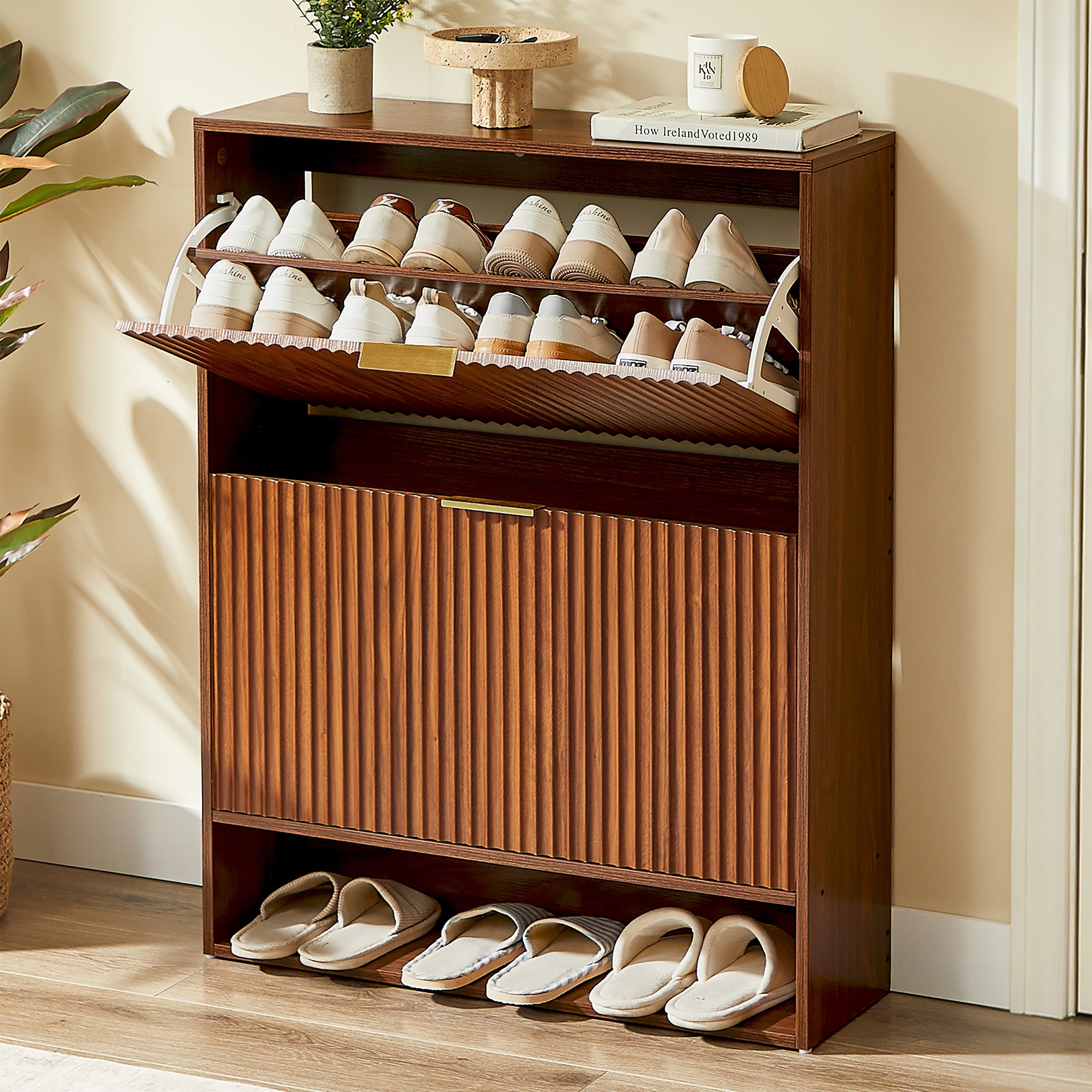 Narrow Shoe Cabinet with Grooved Front and Anti-Tip Device, Walnut Loo ...