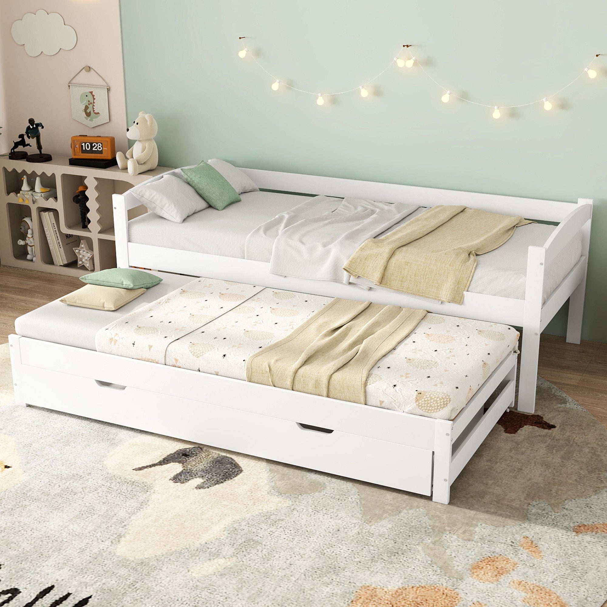 Daybed Single/Double Sliding Bed with 2 MDF Drawers, Solid Wood Frame ...