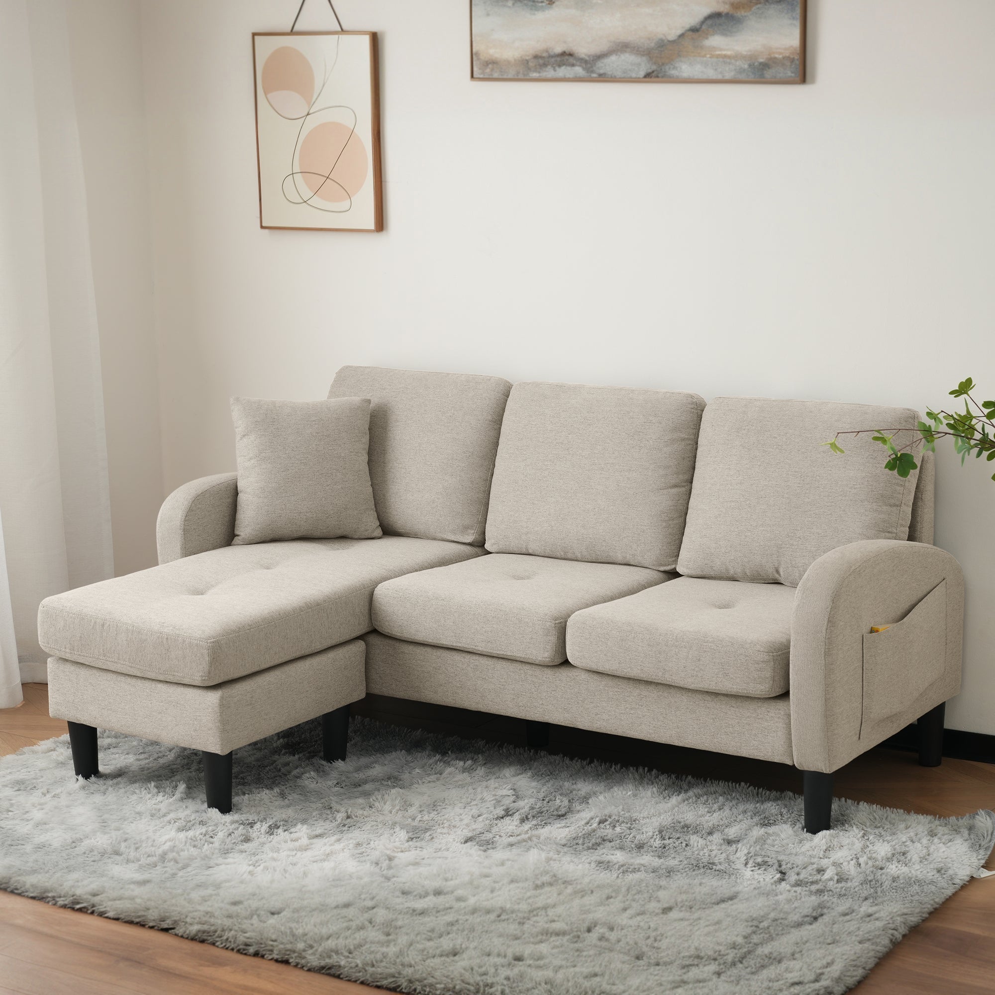 L-shaped Corner Sofa with Chaise Lounge, 3-Seater Modular Design, Cott ...
