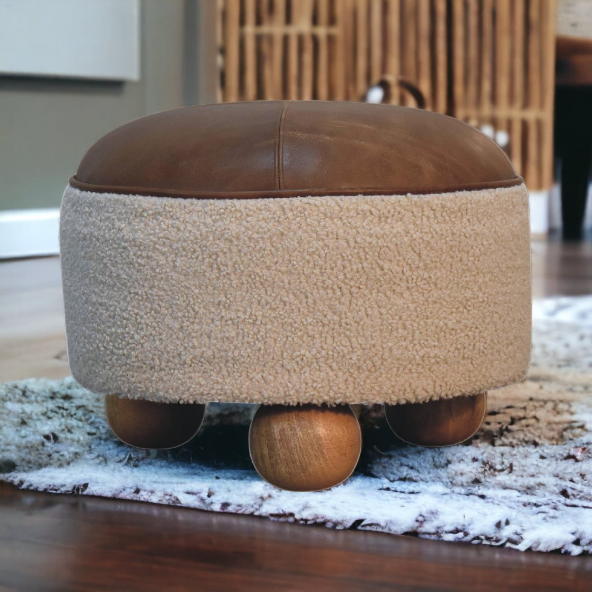 Solid Wood Boucle Buffalo Footstool Ball Feet, Cream and Brown ...