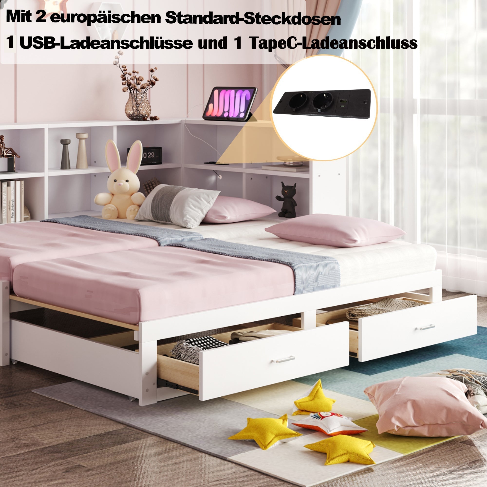 Solid Wood Sofa Bed 90/180*190cm Pull-Out Storage Drawers, White ...