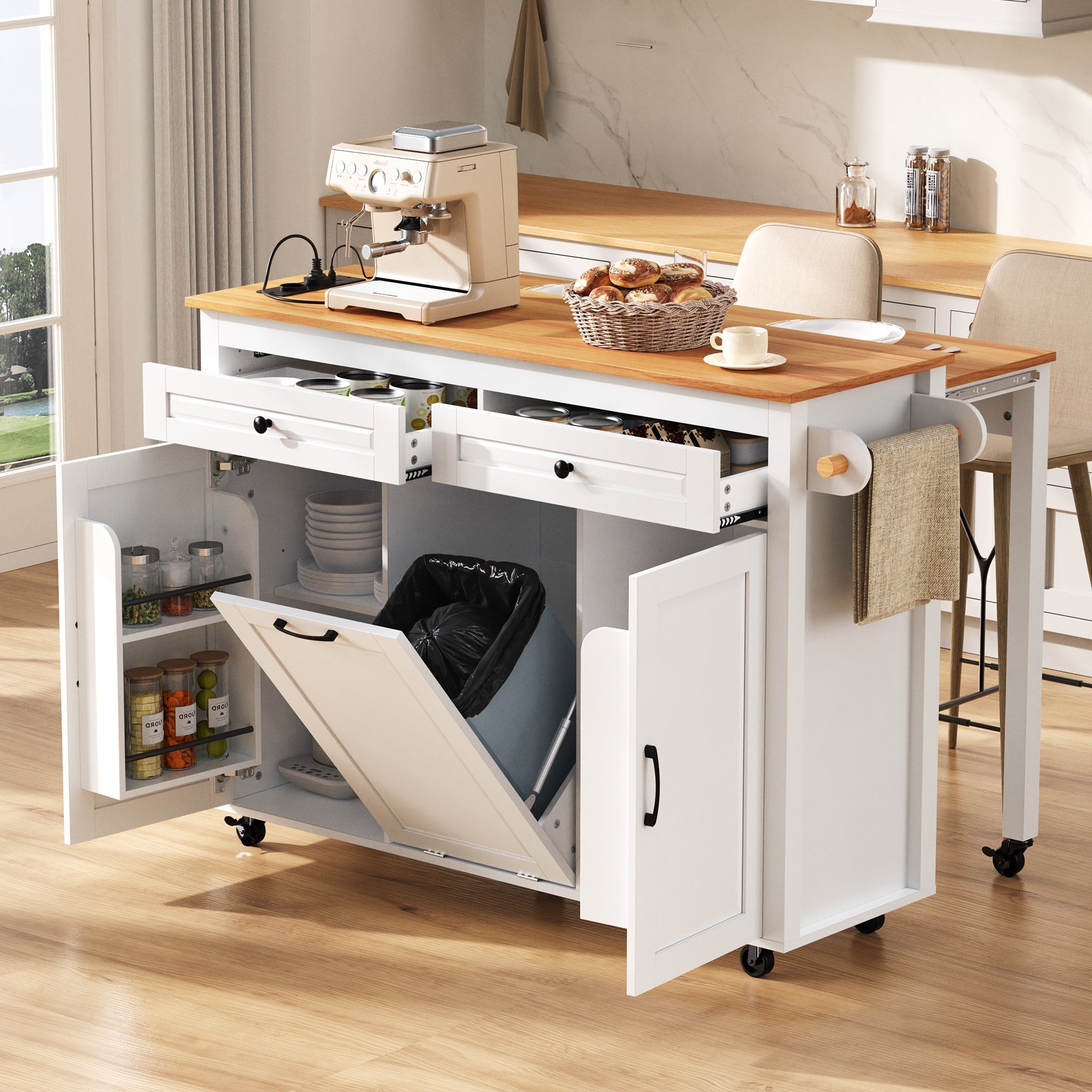 Kitchen Island Extendable Worktop Power Strips Waste Bin - White ...