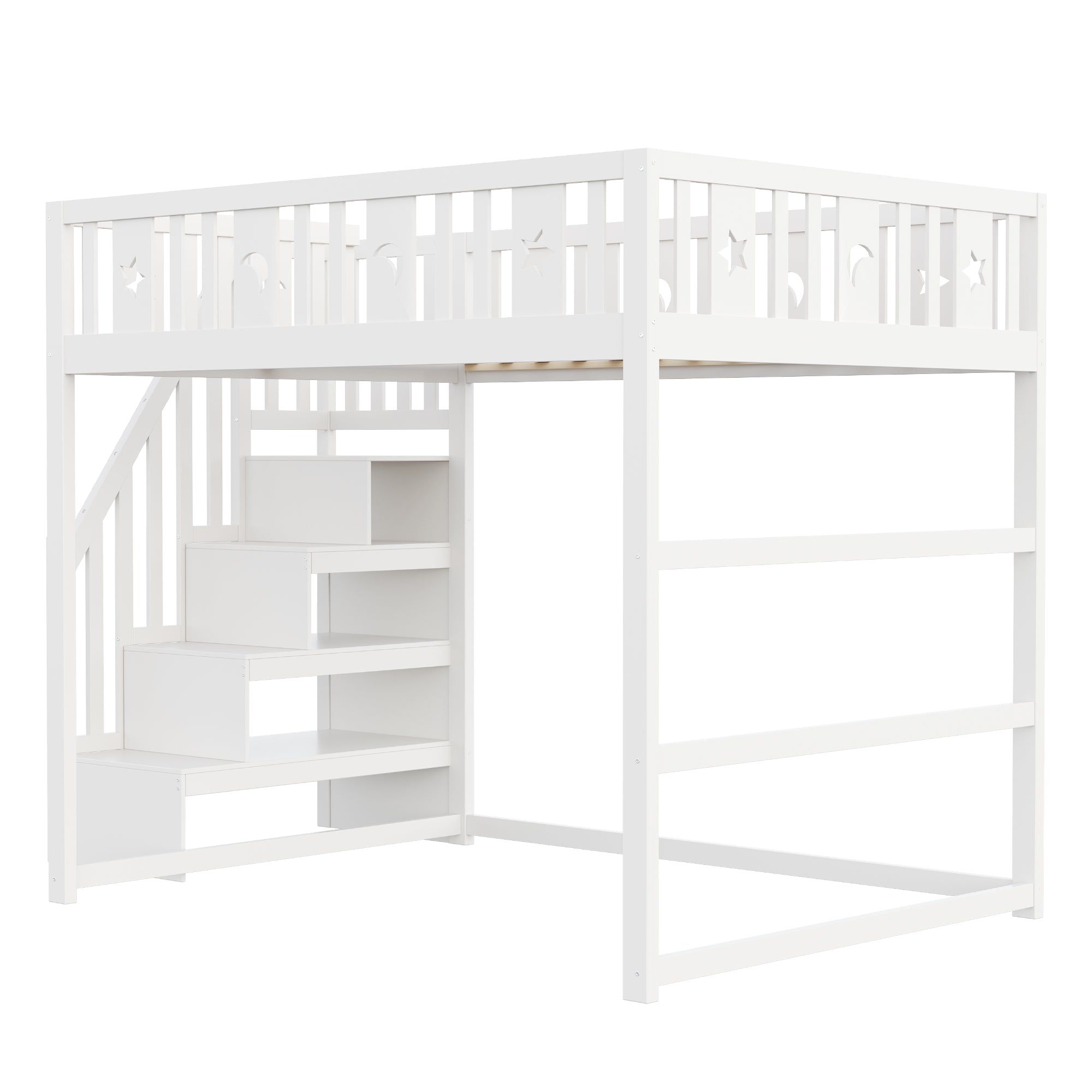 Children's Bunk Bed with Stairs, Safety Railing, Star/Moon Decoration ...