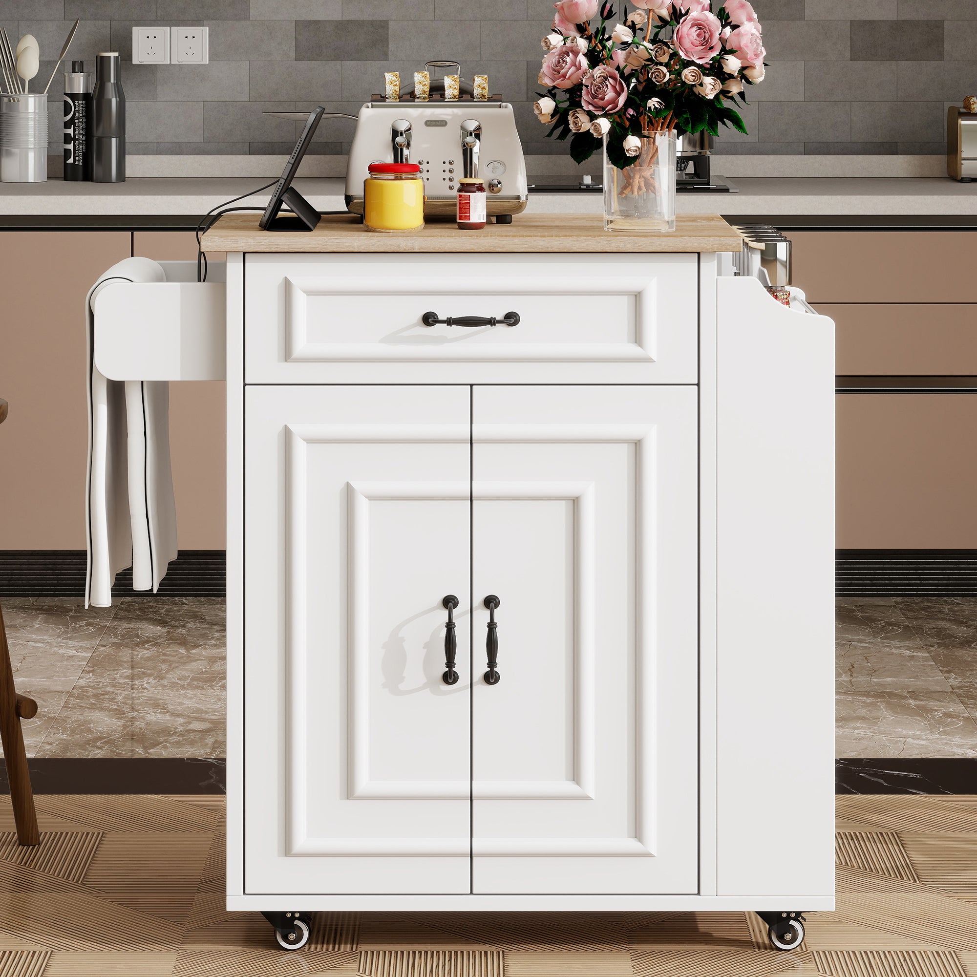 Kitchen Island Trolley, Fold-down Worktop, Drawer, Cabinet, Spice Rack ...