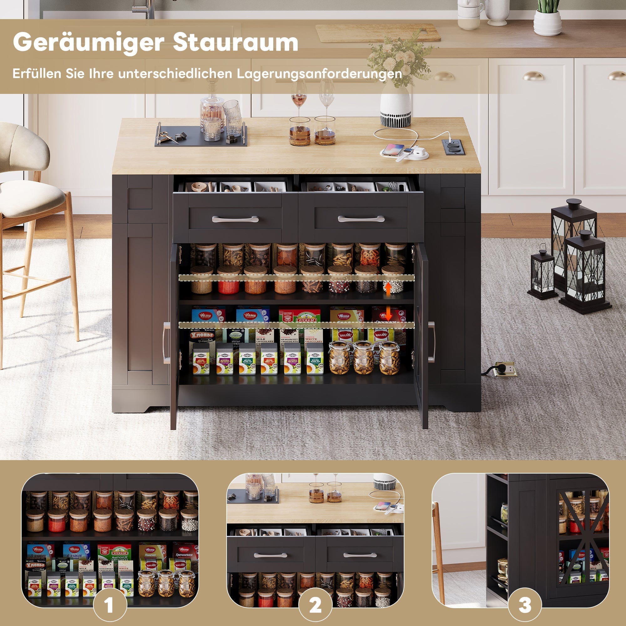 Portable Kitchen Island with Folding Dining Table, AC and USB Ports an ...