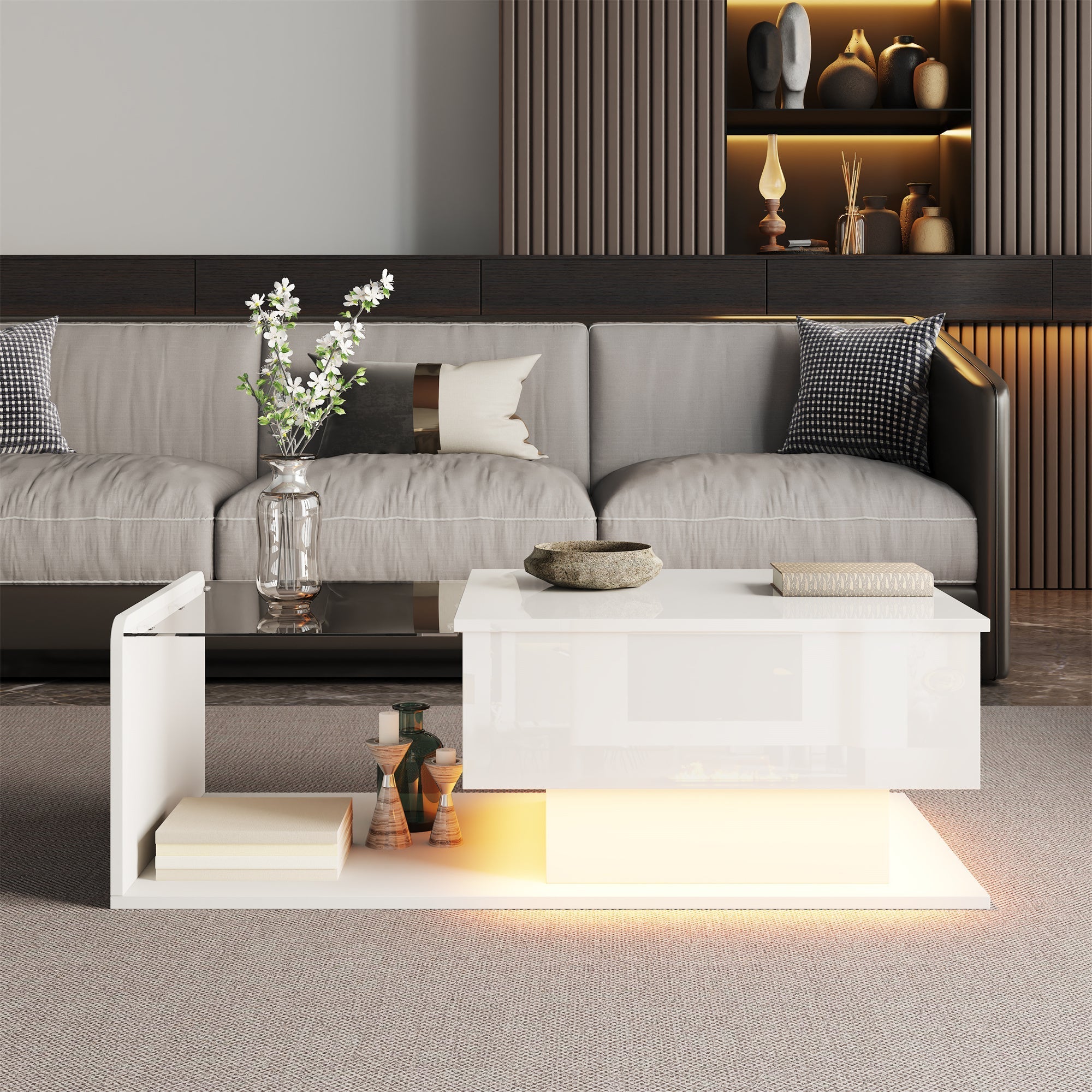 Coffee Table, Glass Top LED Effect, High-Gloss White – Rathwood Store