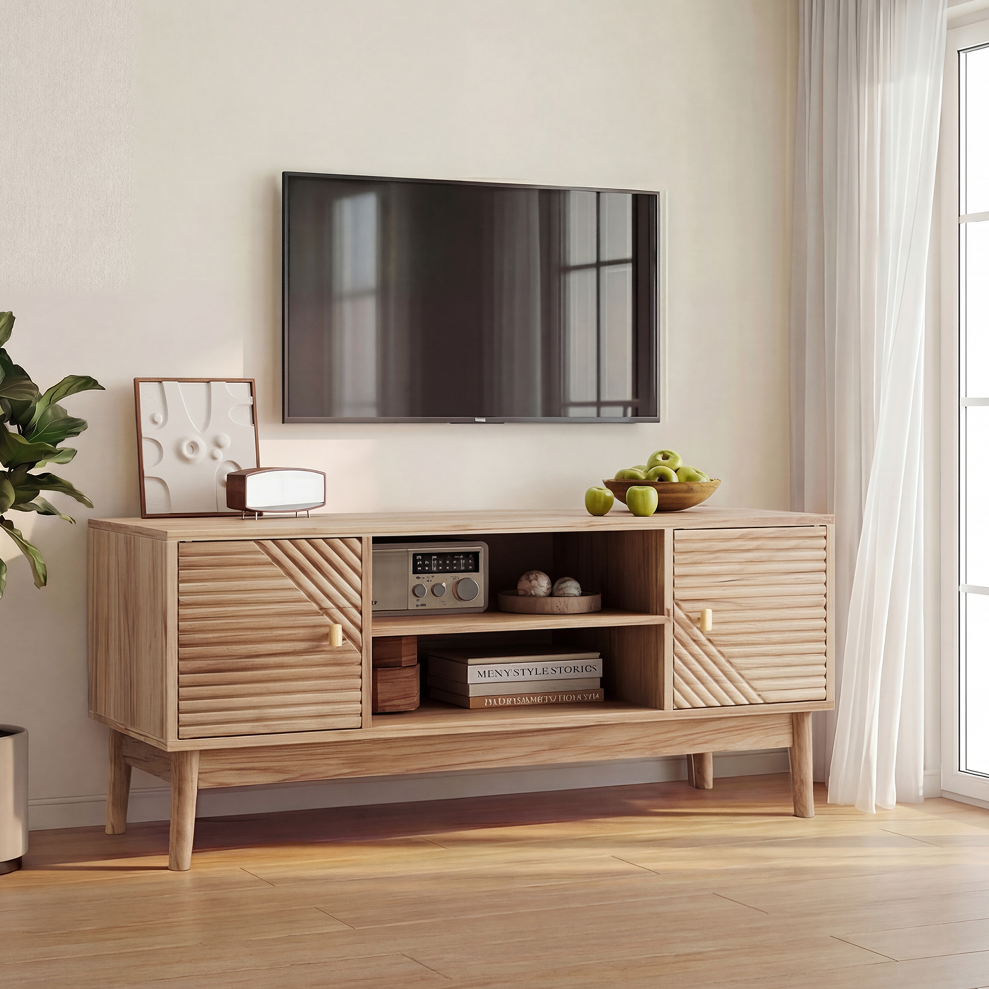 TV Stand 110cm High Mid-Century Modern Storage Media Console - Oak Col ...